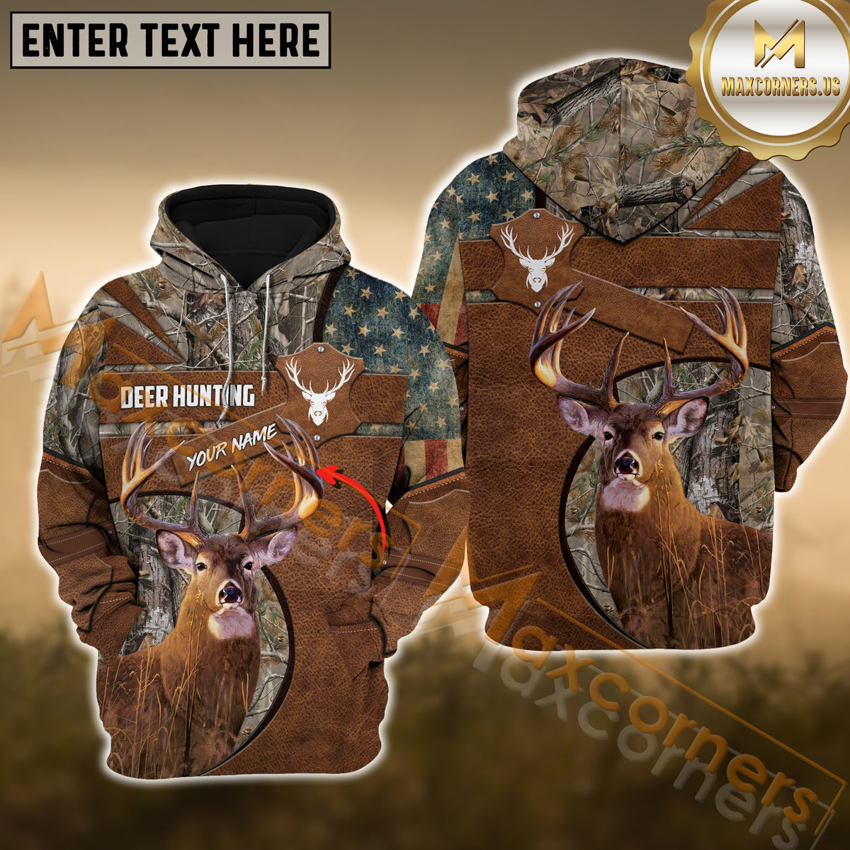 Maxcorners Brown Deer Hunting Usa Flag Retro Custom Name Shirt 3d All